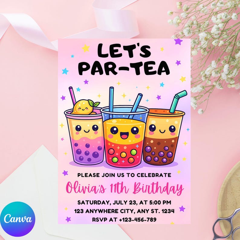 Boba Tea Birthday Party Invitation, Girls Boba Birthday Invite, Tea ...