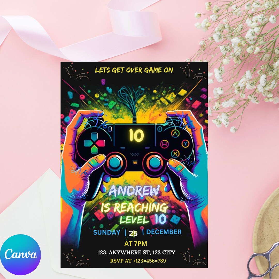 Editable Video Game Birthday Invitation Neon Game Level up Birthday ...