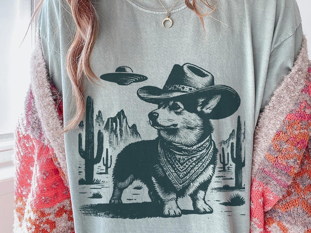 Vintage Corgi UFO Shirt – Retro Cowboy Alien Dog T-shirt, Funny Western ...