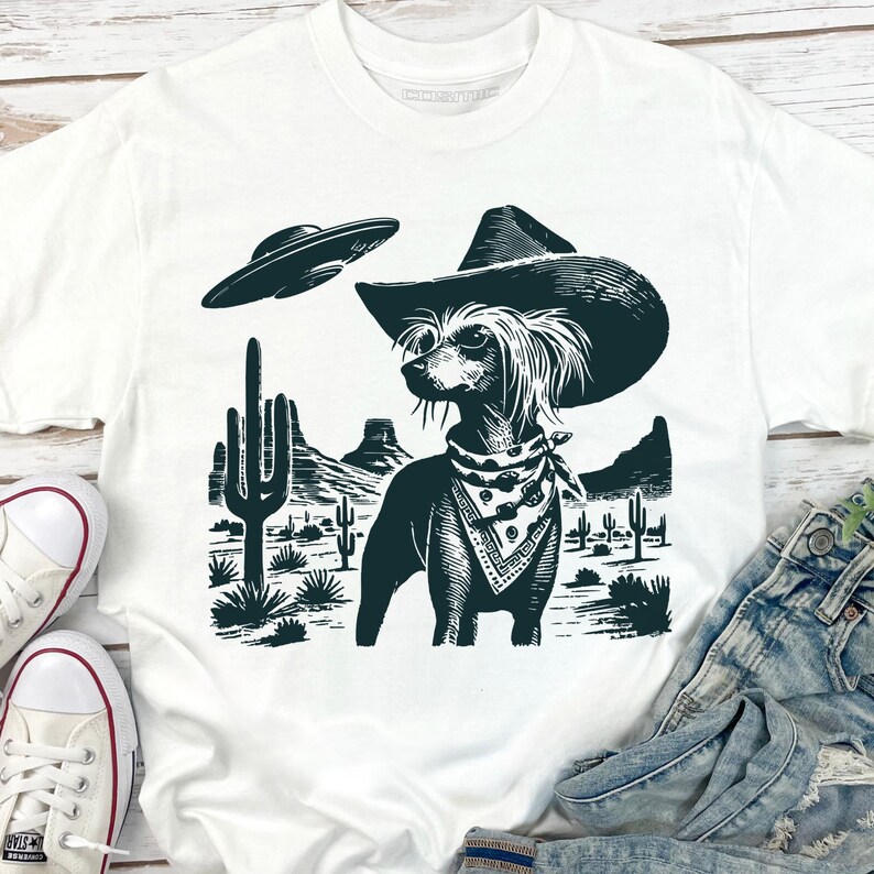 Vintage Chinese Crested Dog UFO Shirt – Western Cowboy Chinese Crested ...