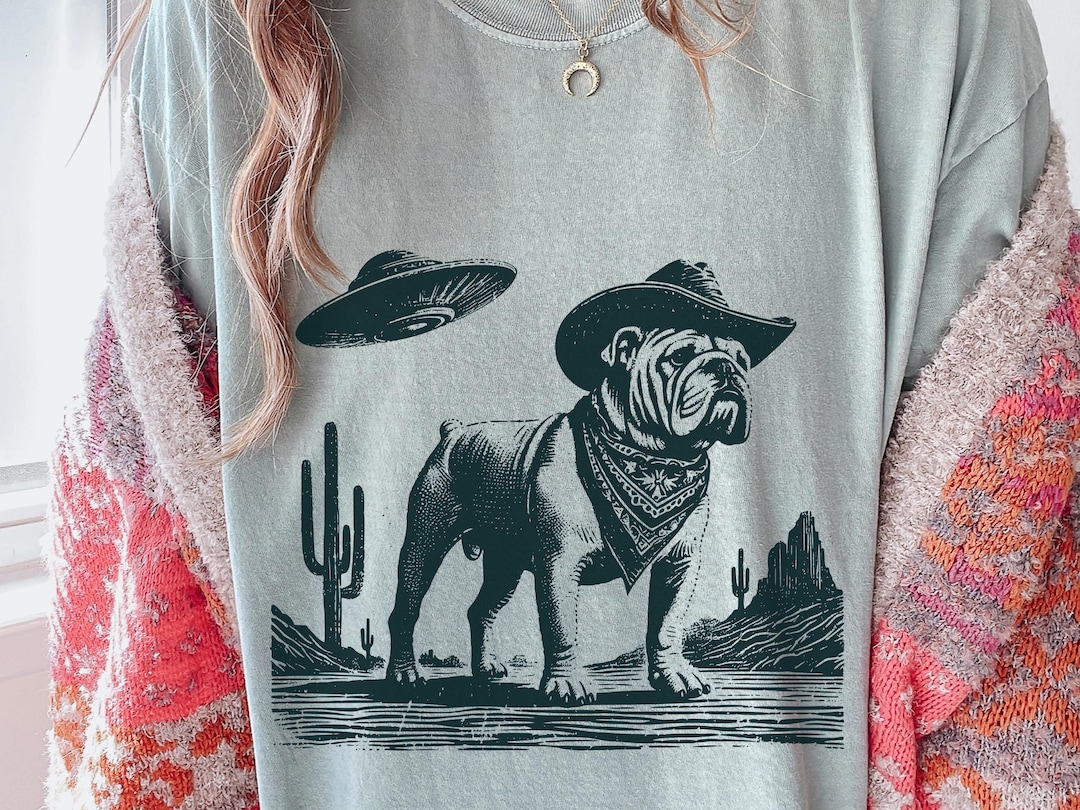 Vintage English Bulldog UFO Shirt - Alien Bulldog Cowboy Tee, Western ...
