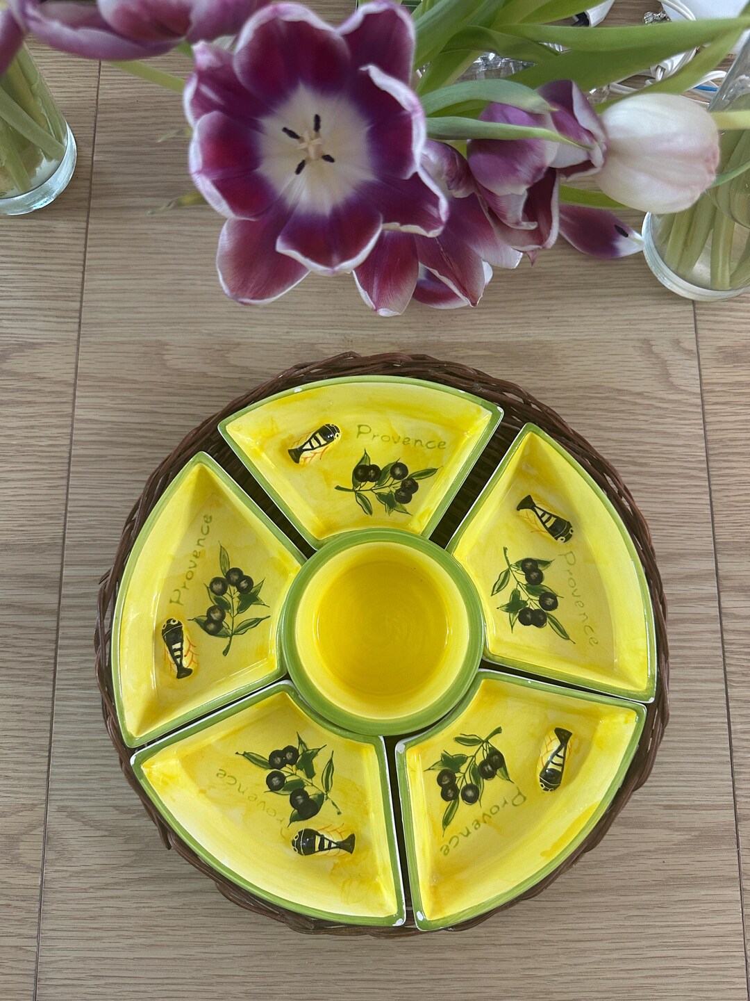 Italian Hand-painted Appetizer Set With Wicker Tray | Vintage Provence ...
