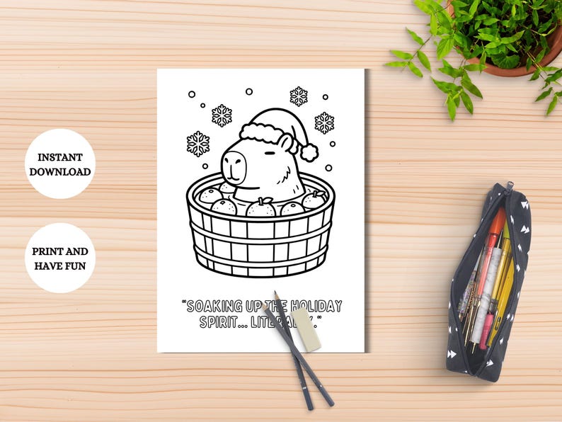Capybara Holiday Coloring Pages • Christmas Animal Coloring Sheets for ...