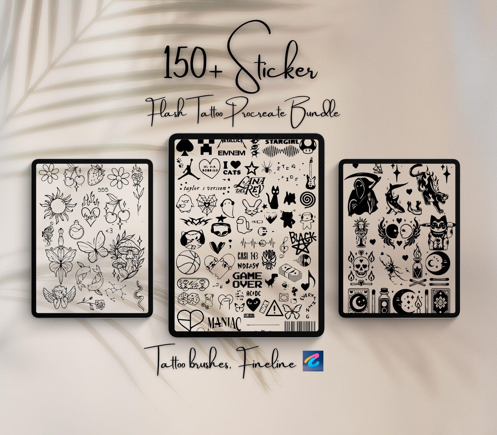 150 Fineline Tattoo Flash Stencil Designs: Printable PNG Bundle ...