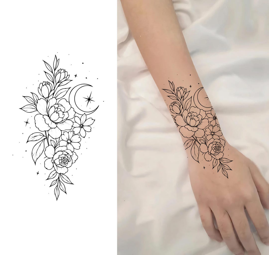 Floral Moon Tattoo Design • Crescent Moon & Flower Line Art Tattoo ...