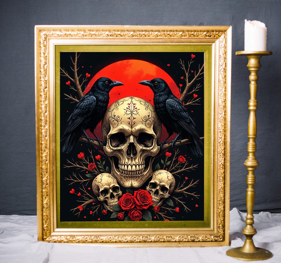 Gothic Skull & Raven Art Print: Red Moon Macabre Decor (digital ...