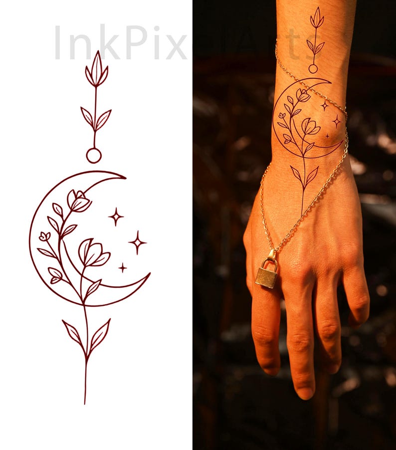 Crescent Moon Floral Tattoo: Fine Line Celestial Design (temporary or ...