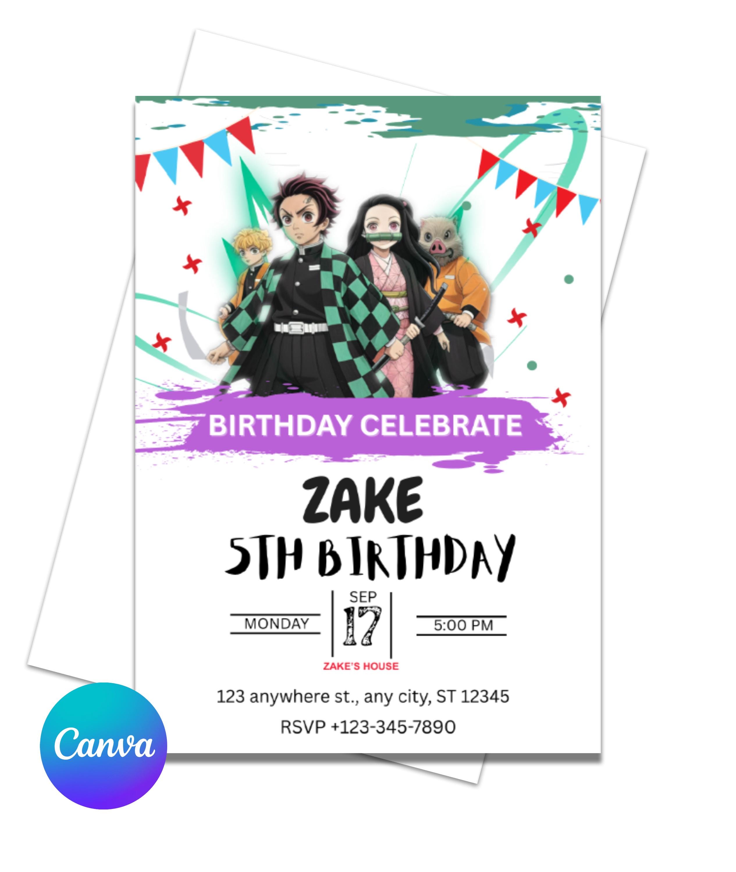 Demon Slayer Birthday Card & Gift Tag - Anime Canva Template (digital ...