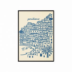 Positano Amalfi Coast Travel Poster, Retro Italy Print, Navy Blue Wall ...