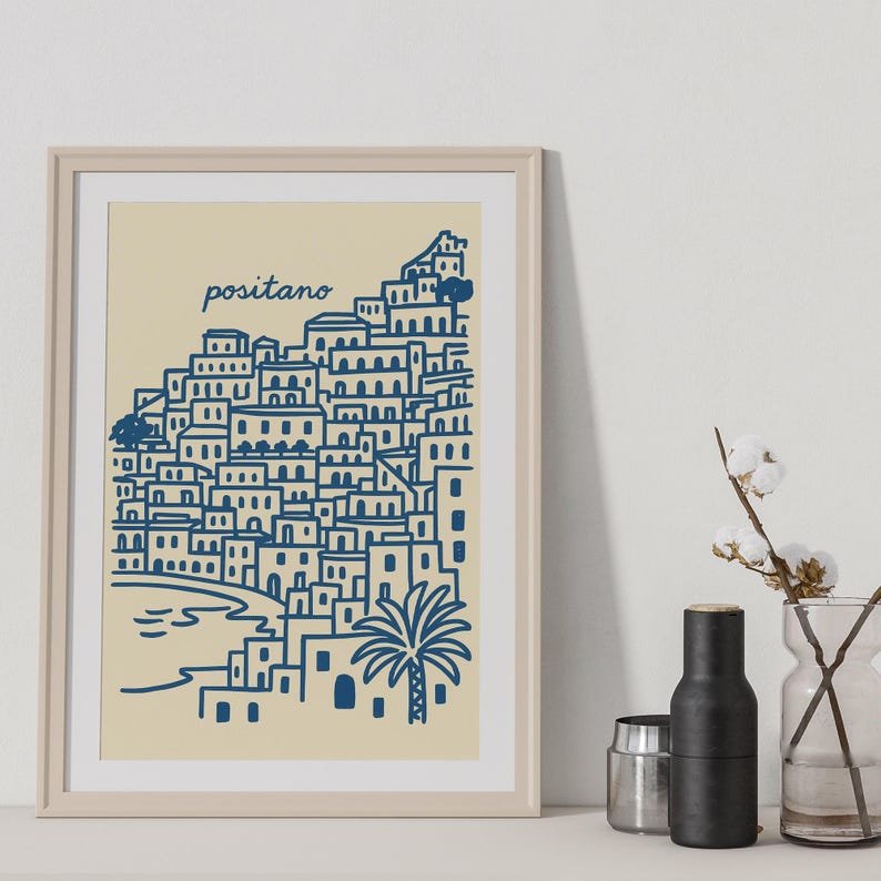 Positano Amalfi Coast Travel Poster, Retro Italy Print, Navy Blue Wall ...