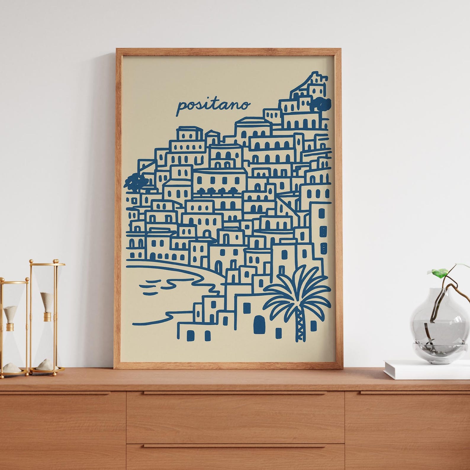 Positano Amalfi Coast Travel Poster, Retro Italy Print, Navy Blue Wall ...