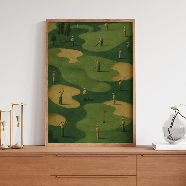 Tiny Golfers Art Poster Vintage Minimalist Green Abstract Golf Course ...