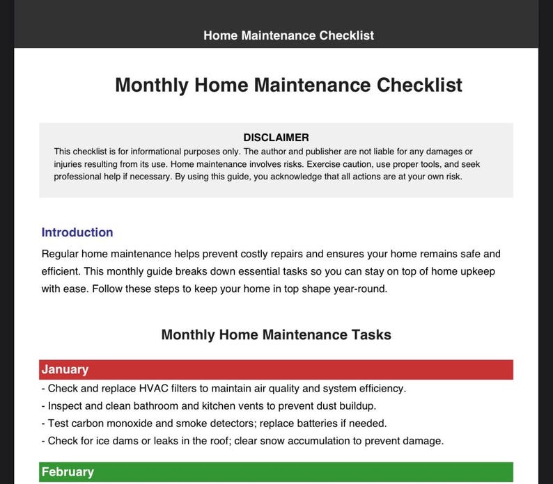 DIY Monthly Home Maintenance Checklist, and Tool List - Etsy