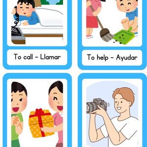 24 Verbs English to Spanish Flashcards for Children & Adults. Printable ...