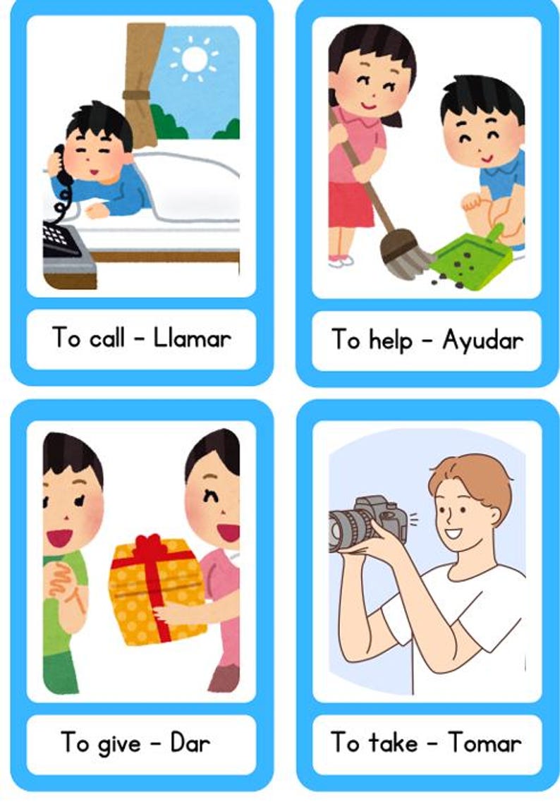 24 Verbs English to Spanish Flashcards for Children & Adults. Printable ...