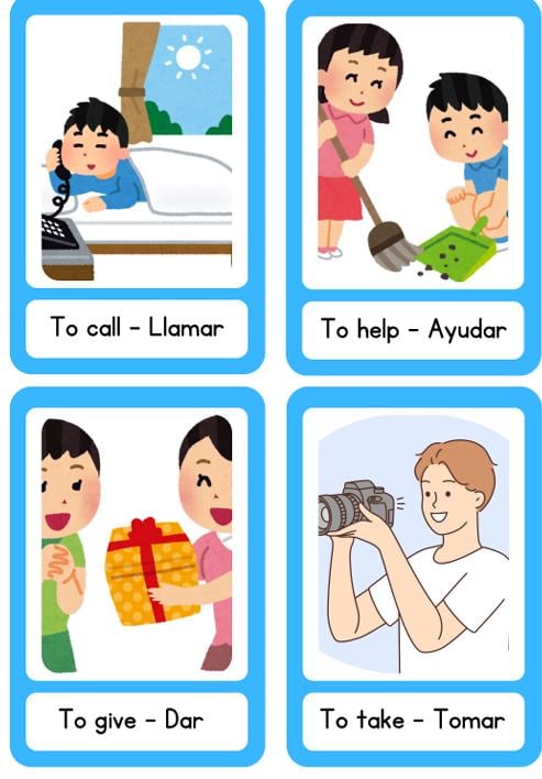 24 Verbs English to Spanish Flashcards for Children & Adults. Printable ...