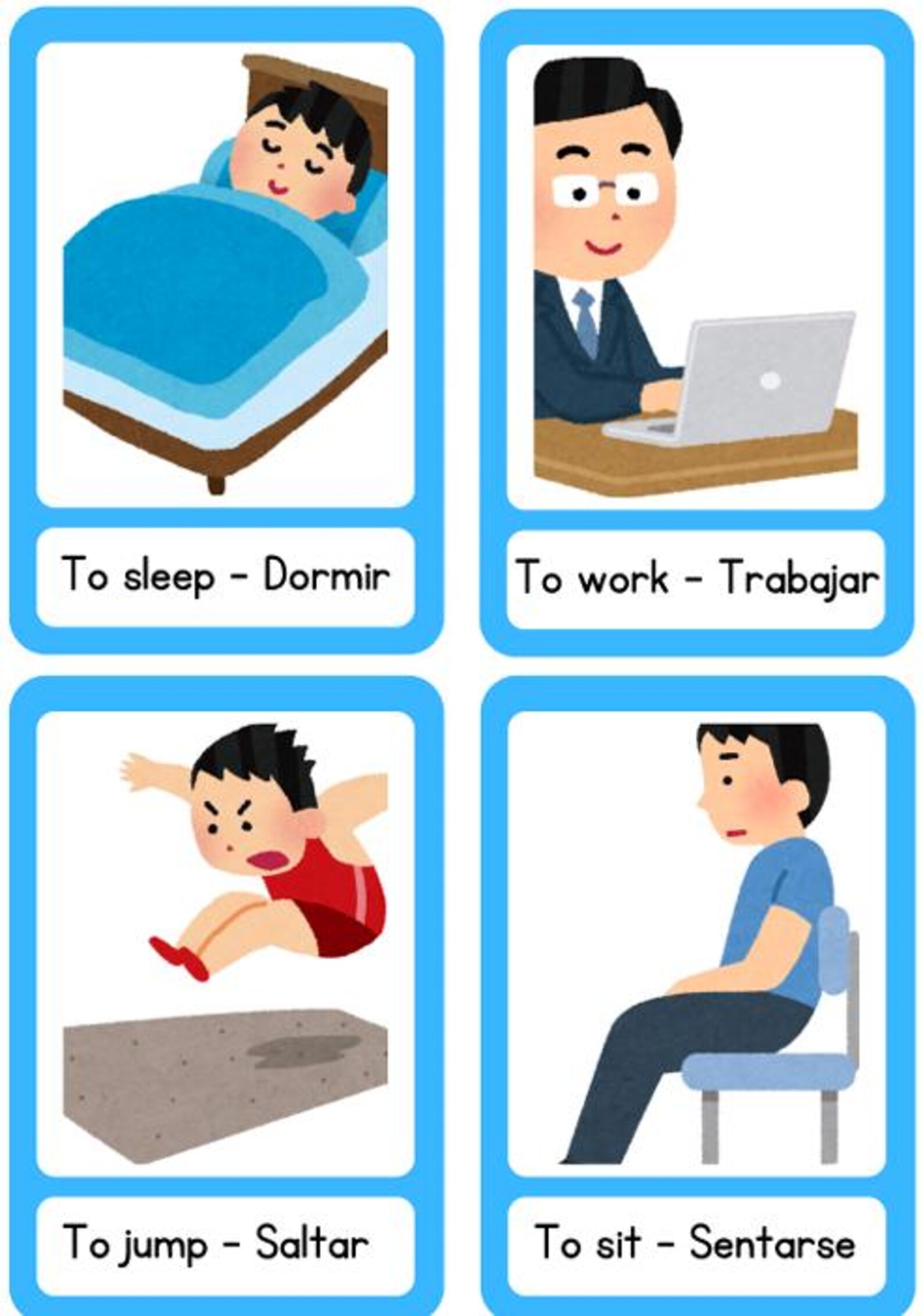 24 Verbs English to Spanish Flashcards for Children & Adults. Printable ...