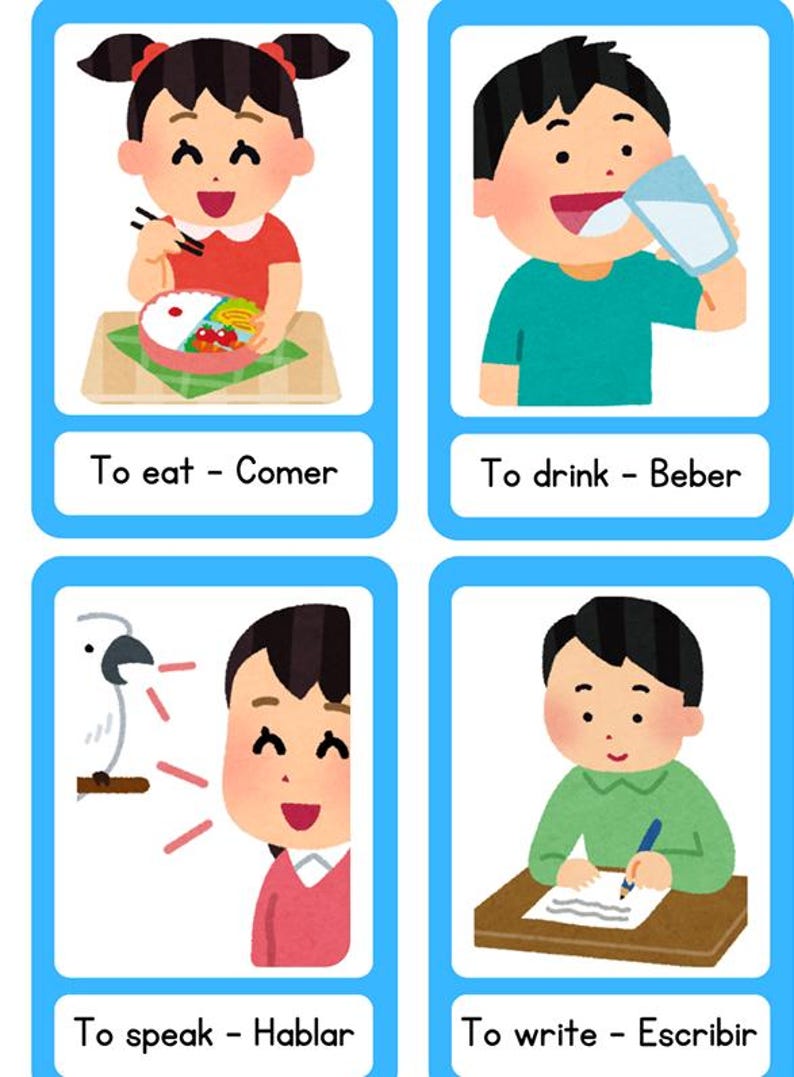 24 Verbs English to Spanish Flashcards for Children & Adults. Printable ...