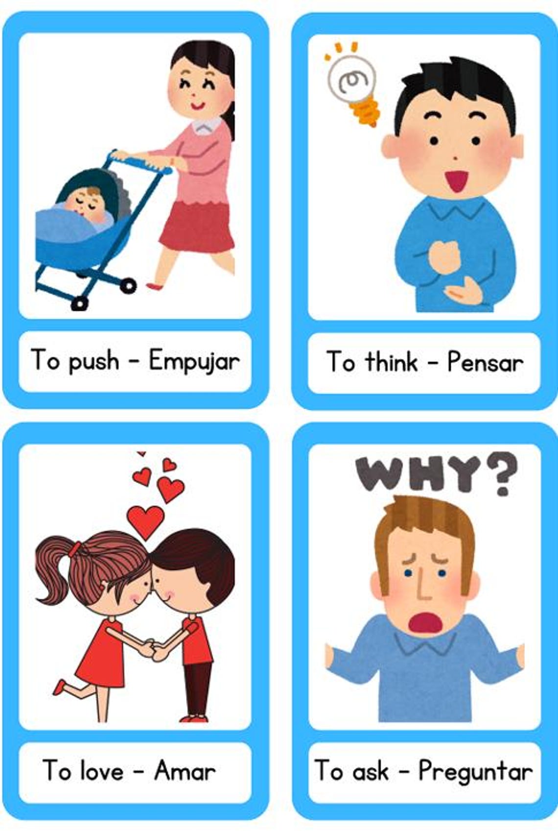 24 Verbs English to Spanish Flashcards for Children & Adults. Printable ...