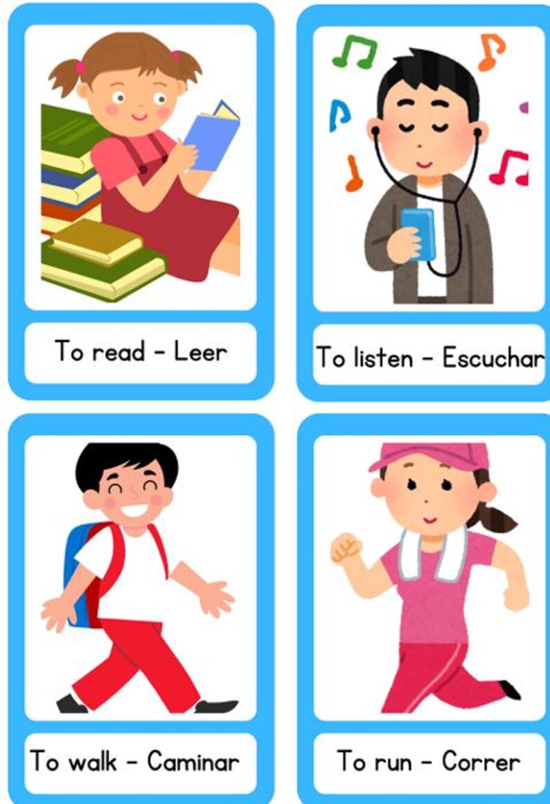 24 Verbs English to Spanish Flashcards for Children & Adults. Printable ...