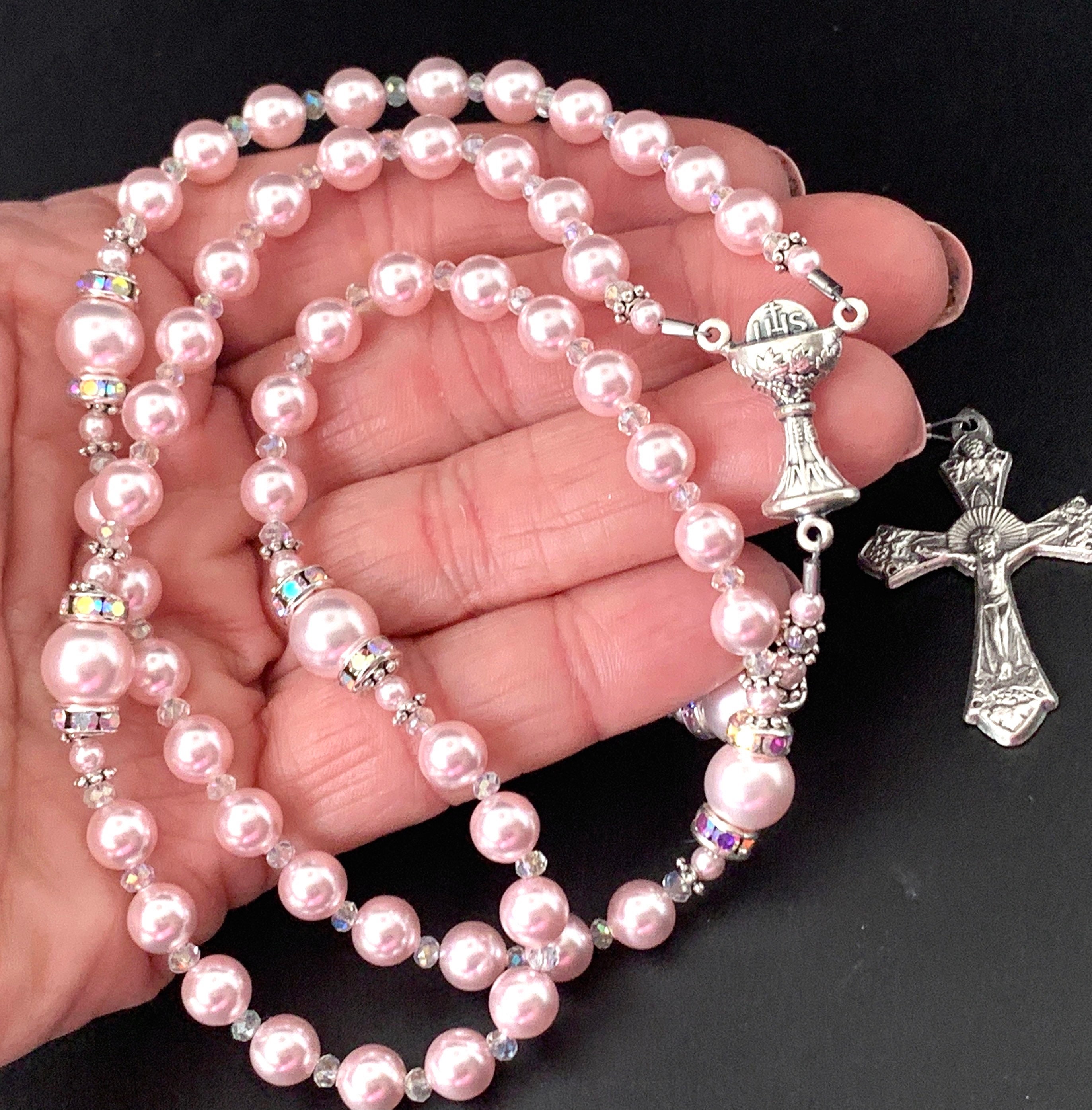 Communion Swarovski Light Pink Pearl and Rhinestone Rosary | Etsy