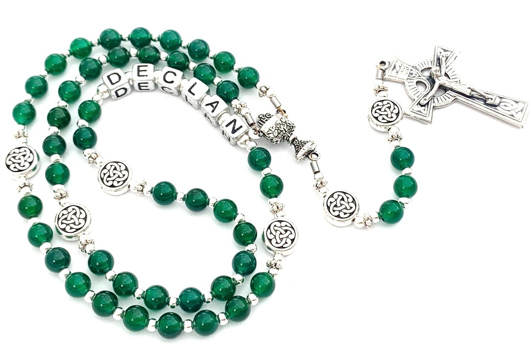 Irish Boy Personalized Communion Kelly Green Jade Gemstone Rosary With ...