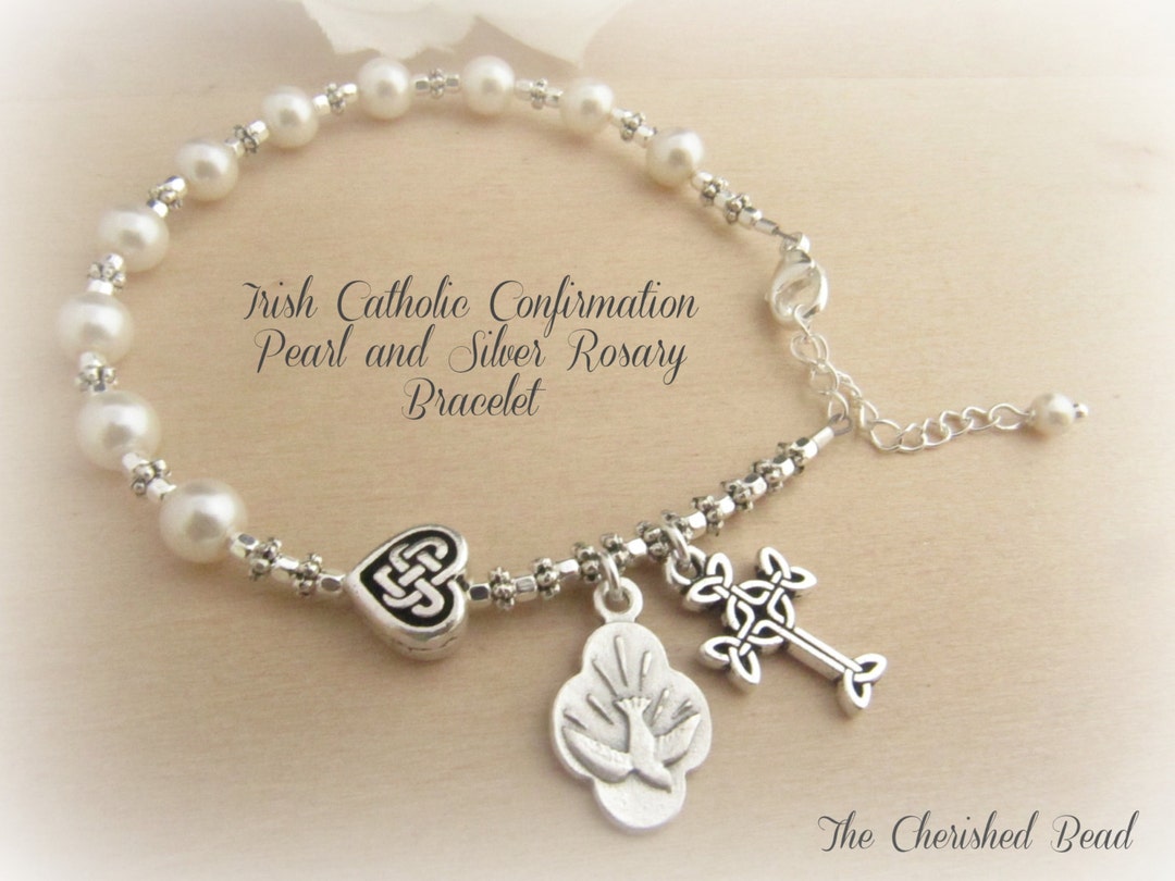 Irish Catholic Confirmation Swarovski Pearl and Silver Rosary Bracelet ...