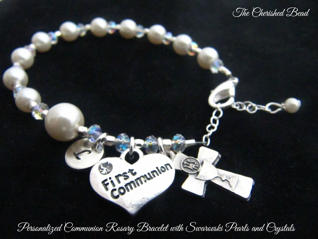 Communion Rosary Bracelet in Swarovski White Pearls, Silver Holy ...