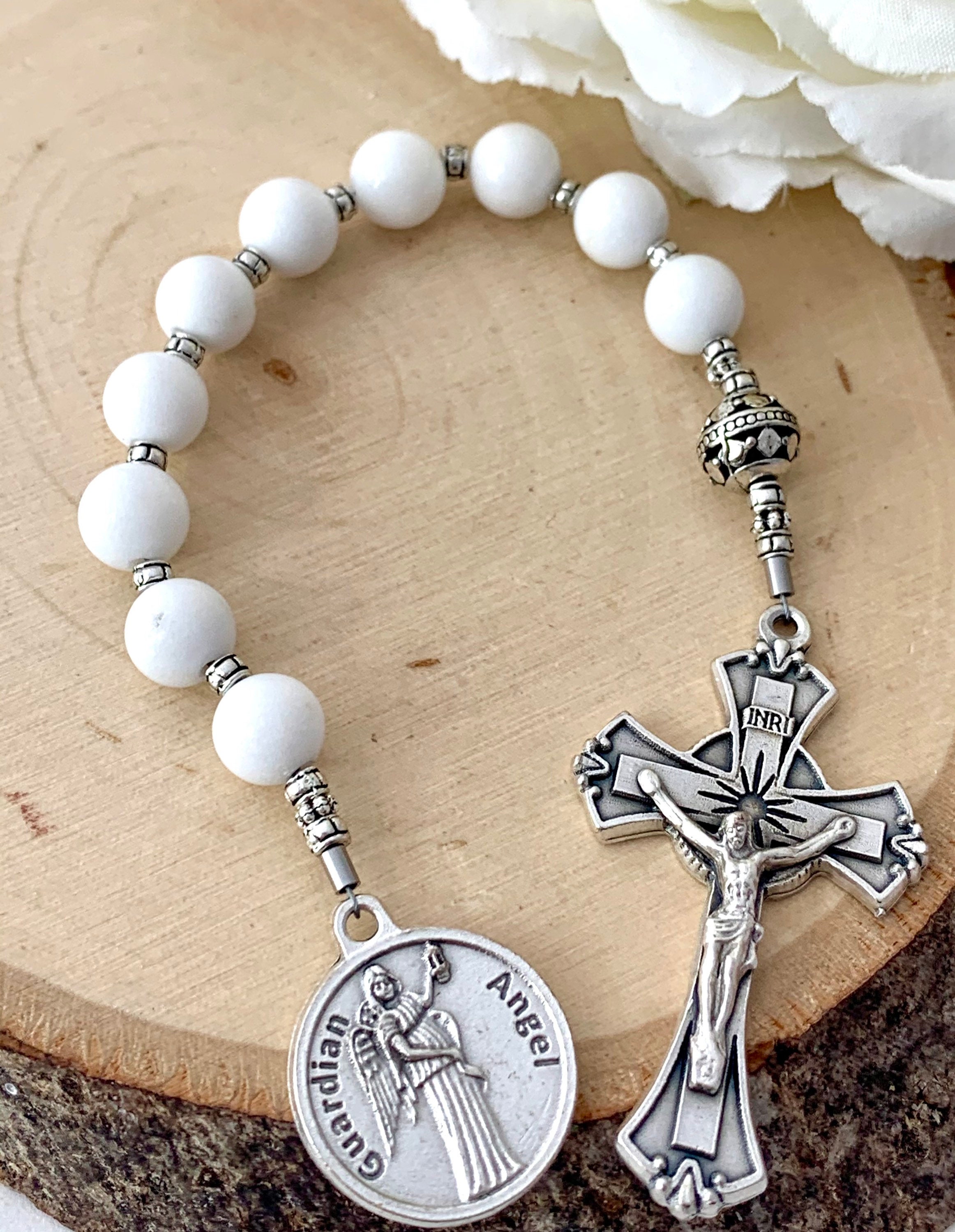Catholic Baby Baptism White Gemstone Chaplet With Guardian | Etsy