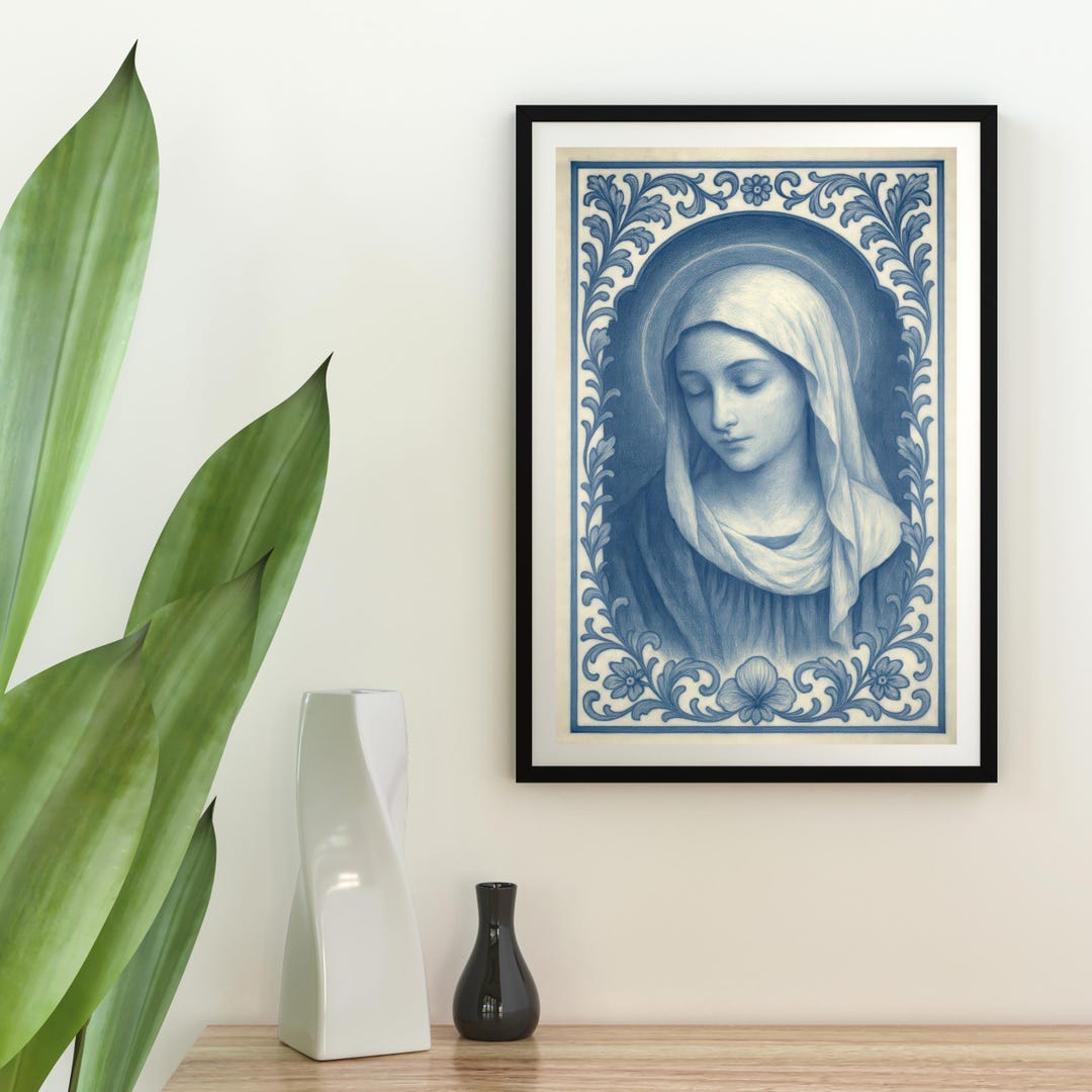 Virgin Mary Art Print: Catholic Blue & White Chinoiserie Style Icon ...