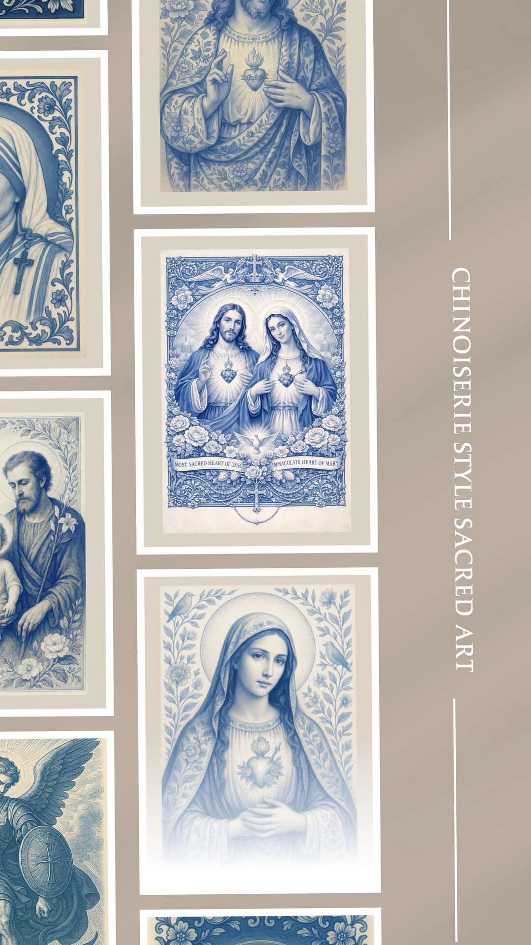 Blue White Catholic Wall Art | Chinoiserie Christian Print Set | Delft ...