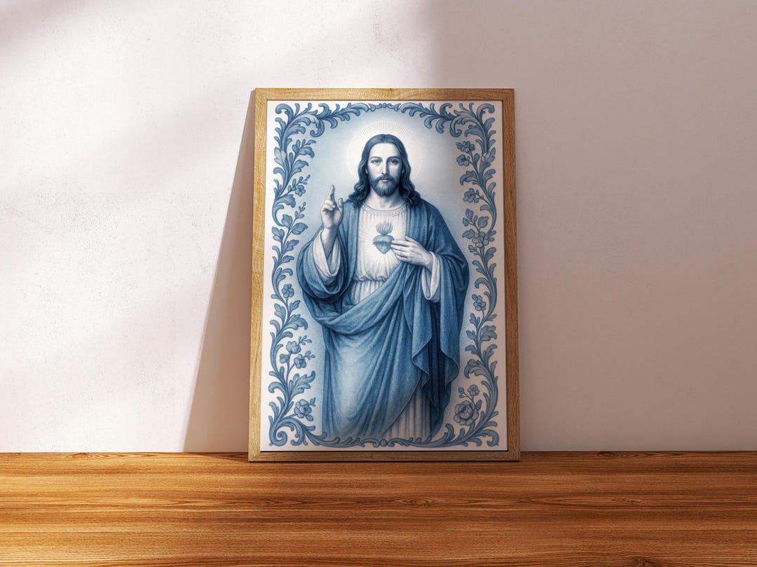 Jesus Christ Art Print: Sacred Heart Blue Chinoiserie Style Catholic ...