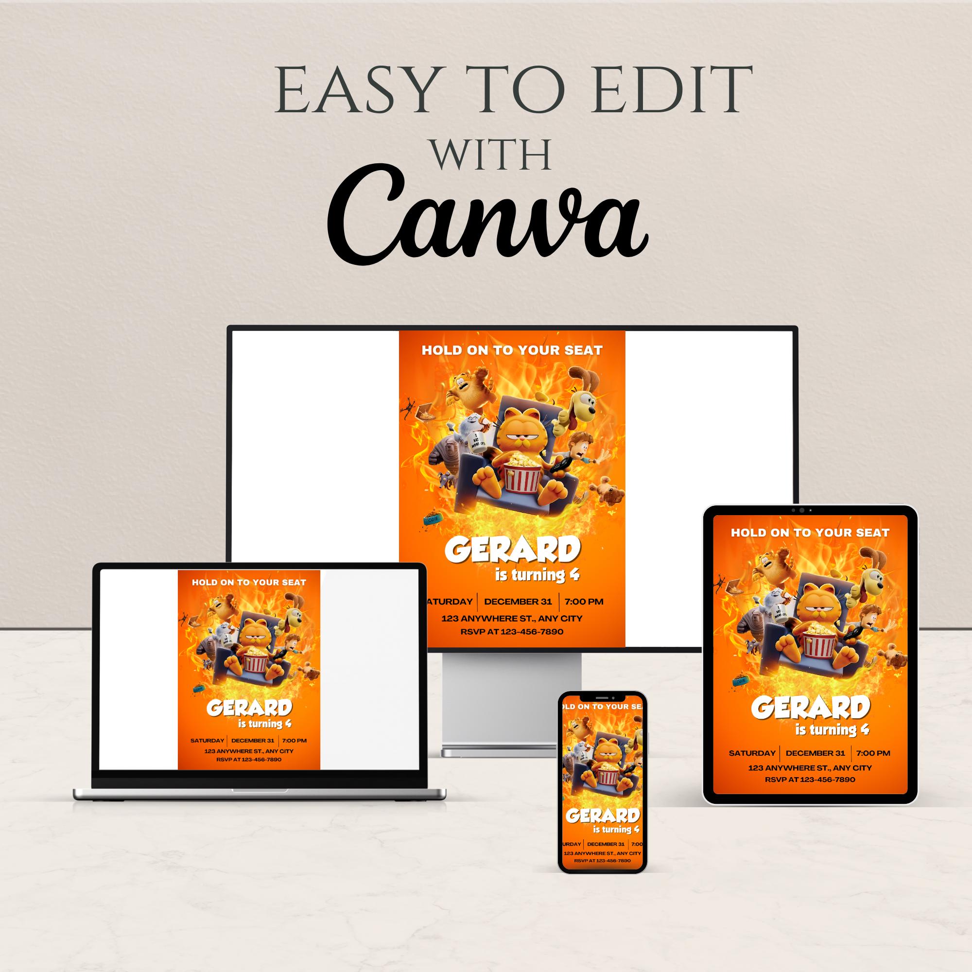 Editable Garfield Birthday Invitation, Editable Garfield Party Template ...