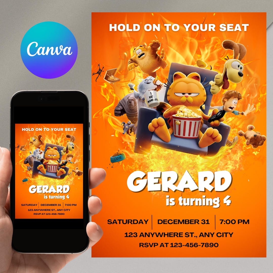 Editable Garfield Birthday Invitation, Editable Garfield Party Template ...