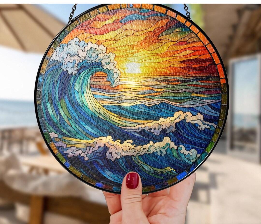 Ocean Waves Stained Glass Suncatcher, Ocean Suncatcher Hanging Window ...