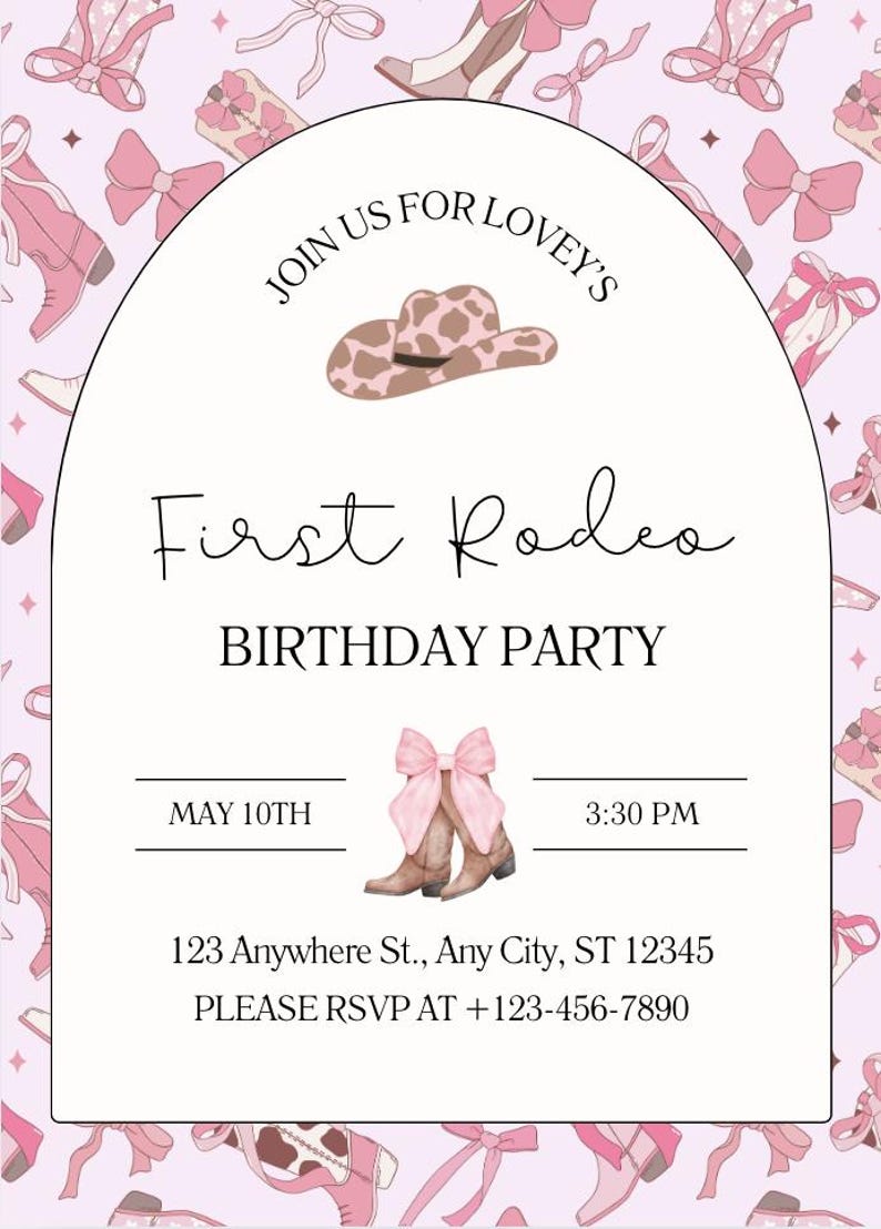 First Rodeo Girl Birthday Invitation: Pink Cow Print (digital Download ...
