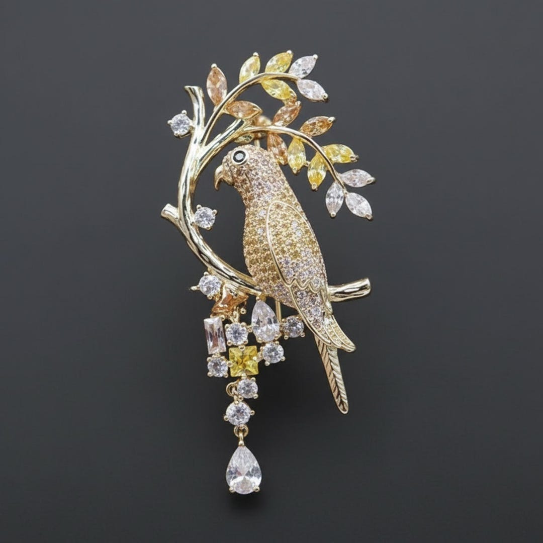 Parrot Bird Brooch Pin, Flower and Bird Brooch, Multi CZ Stone Bird ...