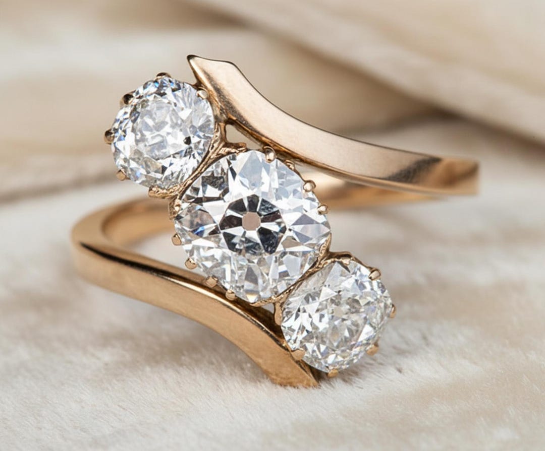 Vintage Style Three Stone Engagement Ring, Old Mine Cut Moissanite ...
