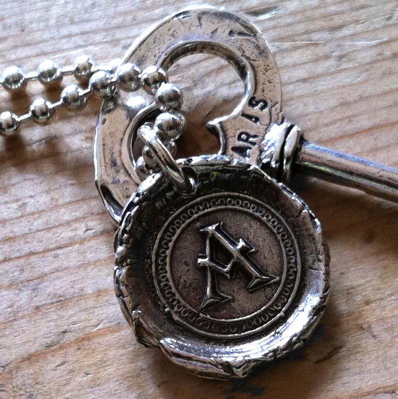 Old World Key Necklace Wax Seal Style Monogram Charm Sterling - Etsy