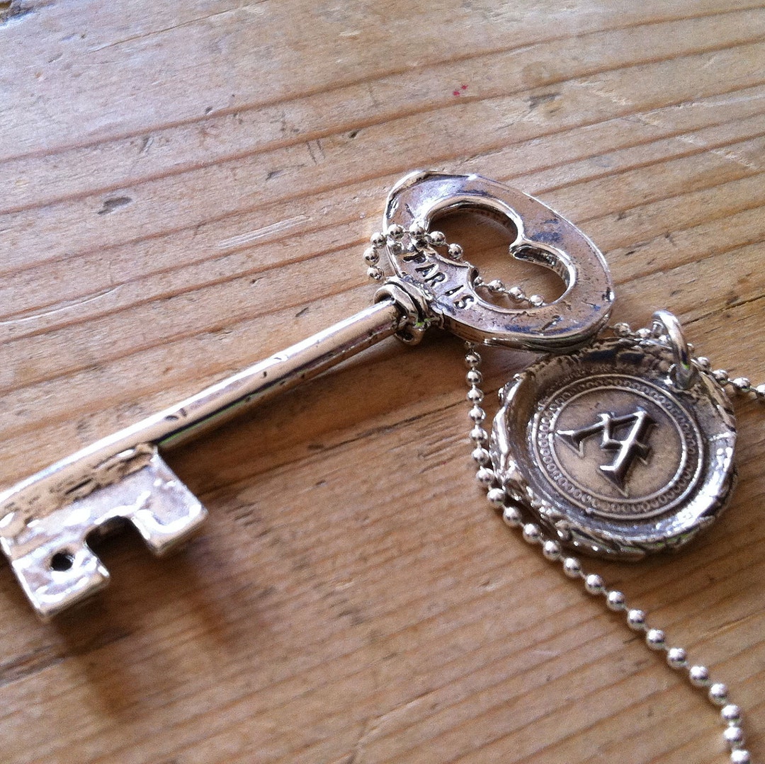 Old World Key Necklace Wax Seal Style Monogram Charm Sterling Silver - Etsy