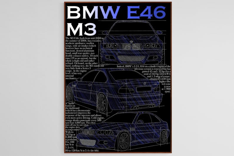 BMW E46 M3 Blueprint Poster: Vintage Car Art (digital Print) - Etsy ...
