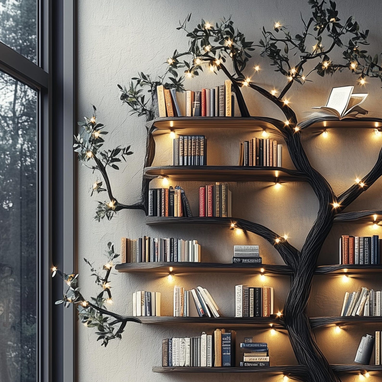 Black Tree Bookshelf Wall Mounted Book Tree Shelf Unique Wooden ...