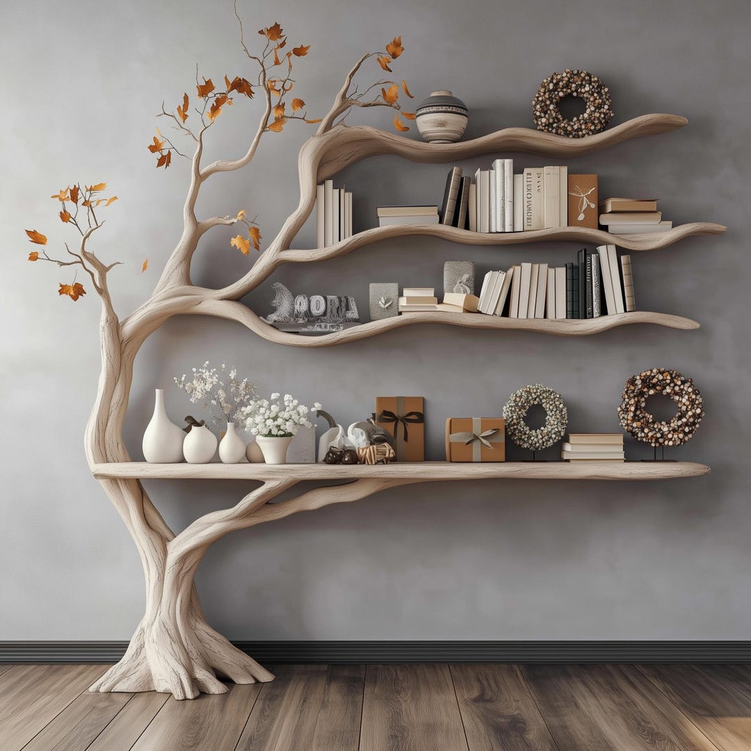 Narrow Console Table Tree Bookshelf With Autumn Leaves Wooden Branch ...