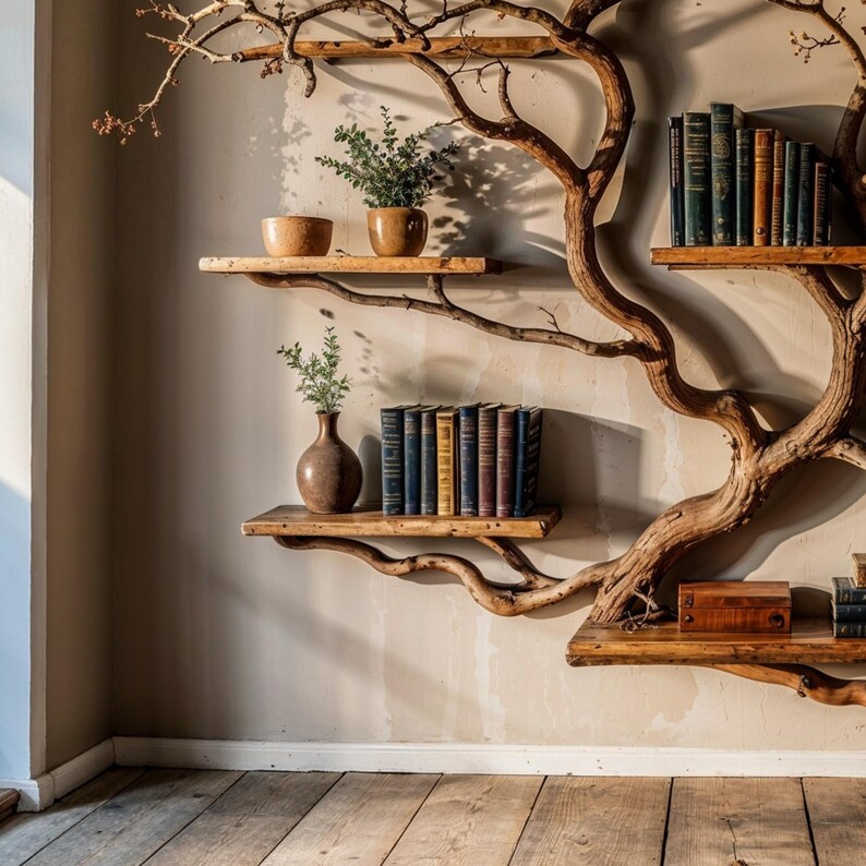 Driftwood Branch Tree Bookshelf, Solid Wood Bookcase, Wooden Bookshelf ...