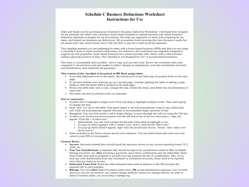 Schedule C Business Tax Worksheet for Sole Proprietor, Self Employed ...