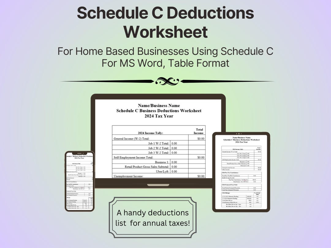 Schedule C Business Tax Worksheet for Sole Proprietor, Self Employed ...