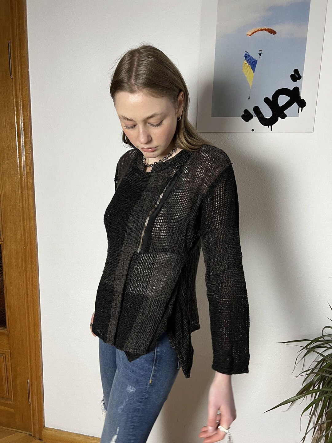 Distressed Opium Stone Washed Acid Sweater Zipper Mesh - Etsy