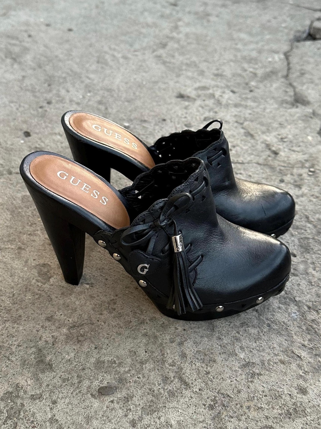 Y2K Guess Black Leather Clogs: Platform Mule Heels, Size 36 - Etsy