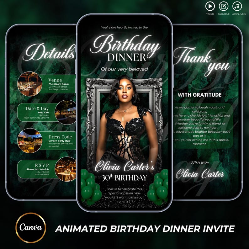 Elegant Birthday Dinner Invitation: Green Editable Template (digital ...