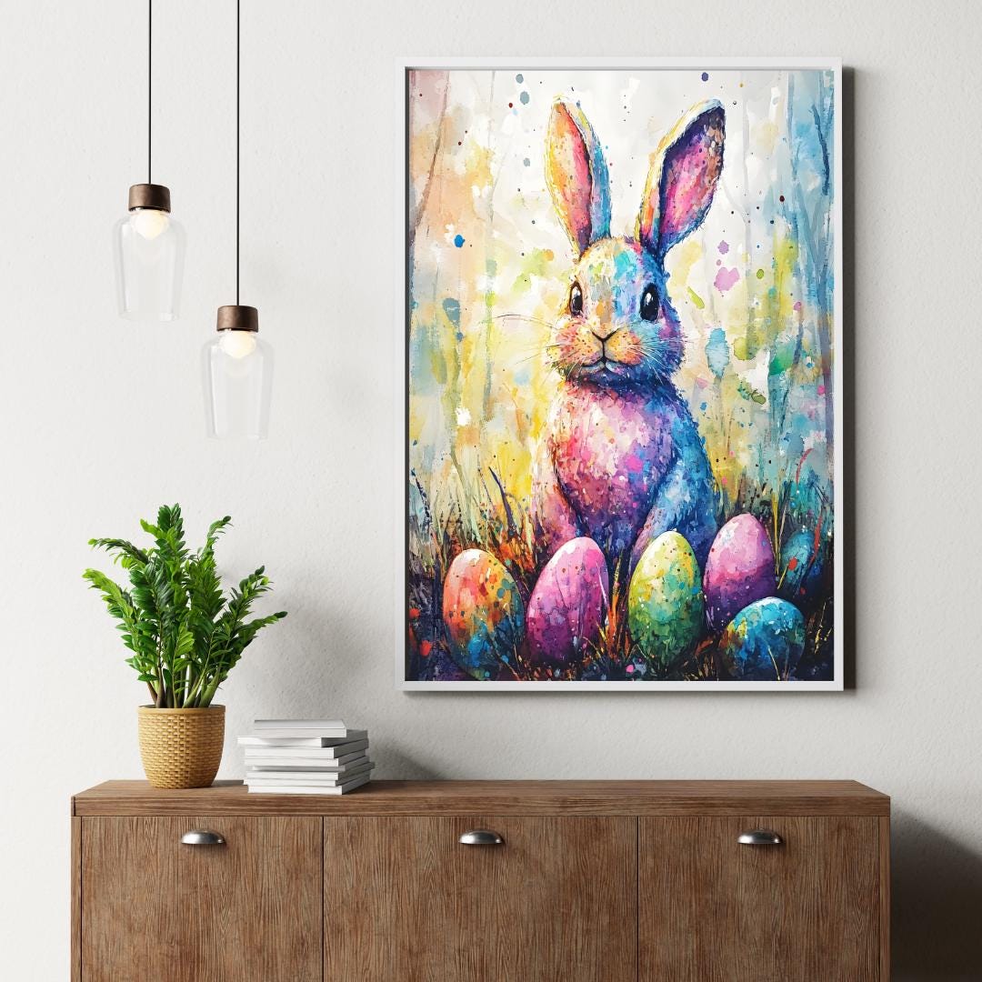Easter Bunny Watercolor Art Print, Colorful Rabbit With Easter Eggs ...
